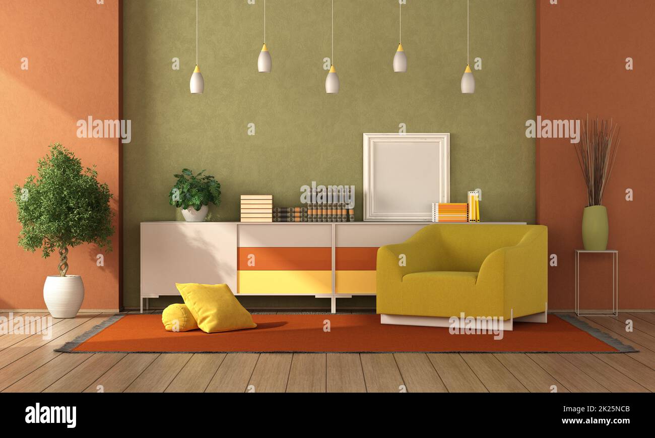 Colorful living room with sideboard and modern armchair Stock Photo - Alamy