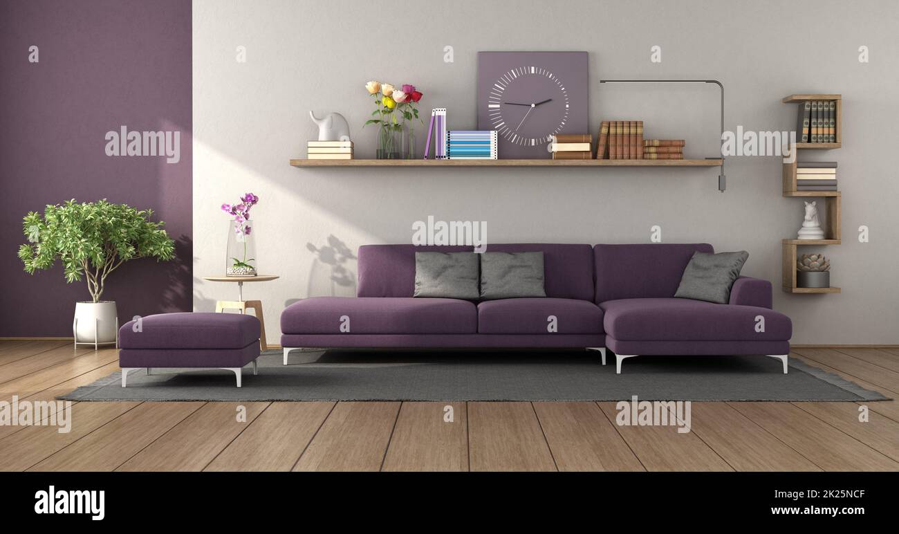 Modern living room with purple sofa Stock Photo - Alamy