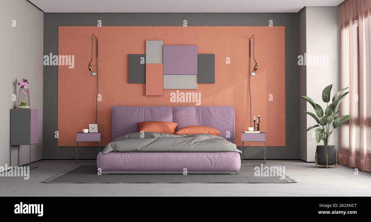 Colorful master bedroom with modern double bed Stock Photo - Alamy