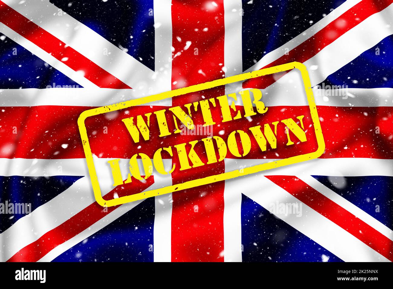 UK flag illustration with winter lockdown text and snowy background ...