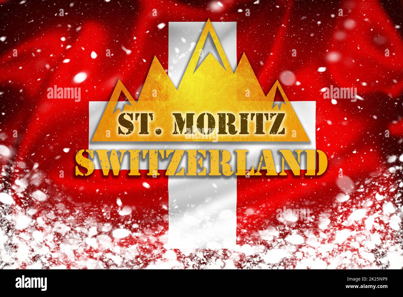 Sankt Moritz ski resort banner illustration on Swiss flag and snow ...