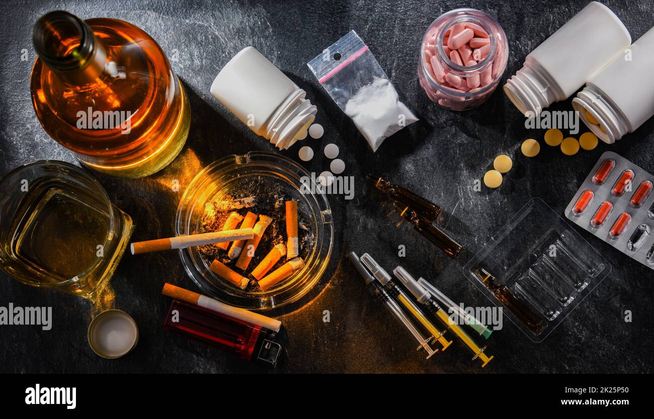 Addictive substances, including alcohol, cigarettes and drugs Stock ...