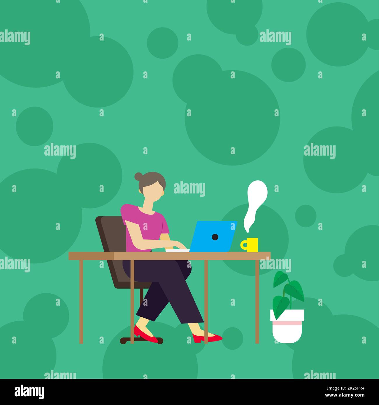 Woman Sitting With Laptop Back View Actively Accomplishing Work From ...