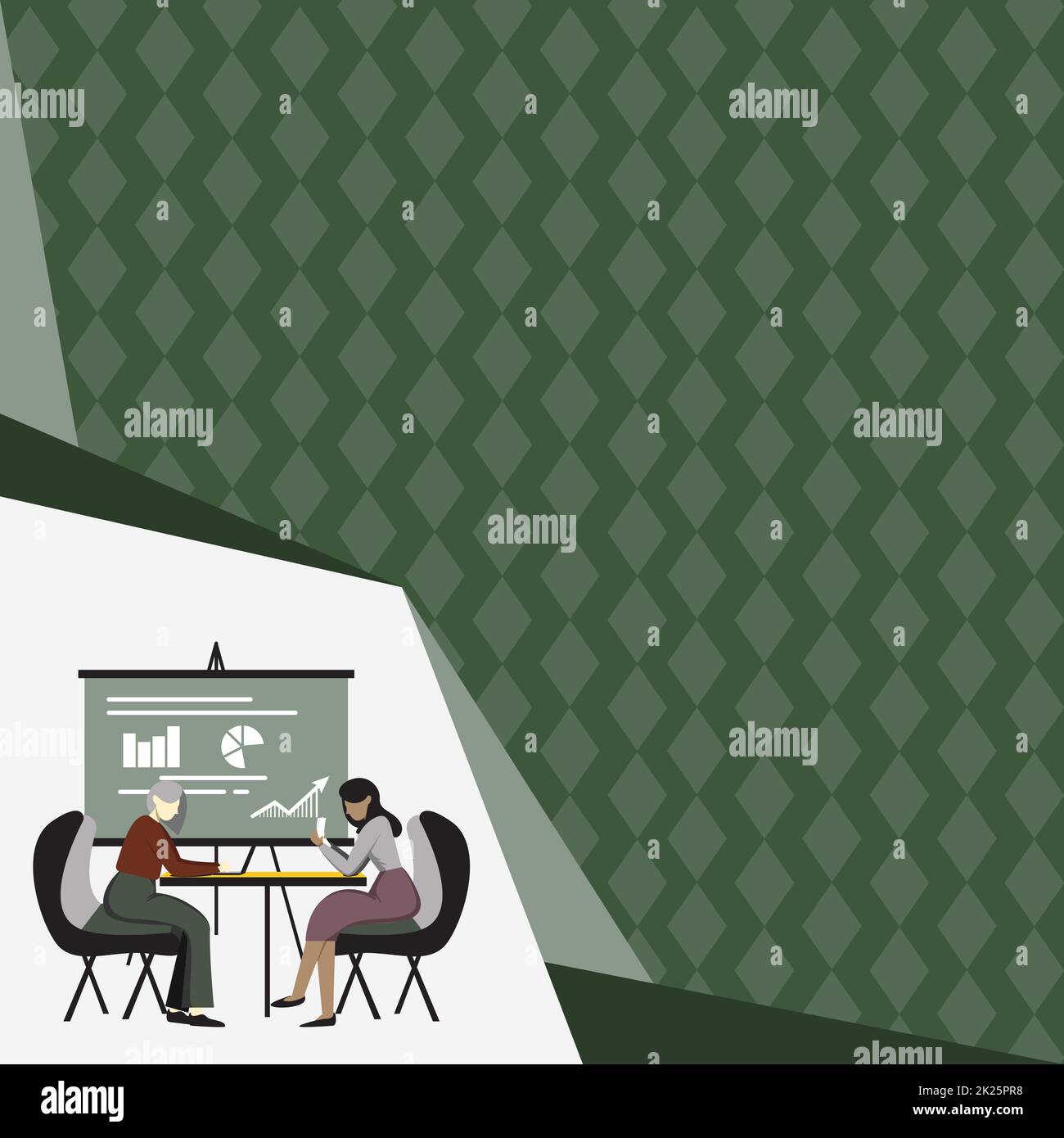 Colleagues Sitting On Desk With Laptop And Papers Showing Graphs And ...