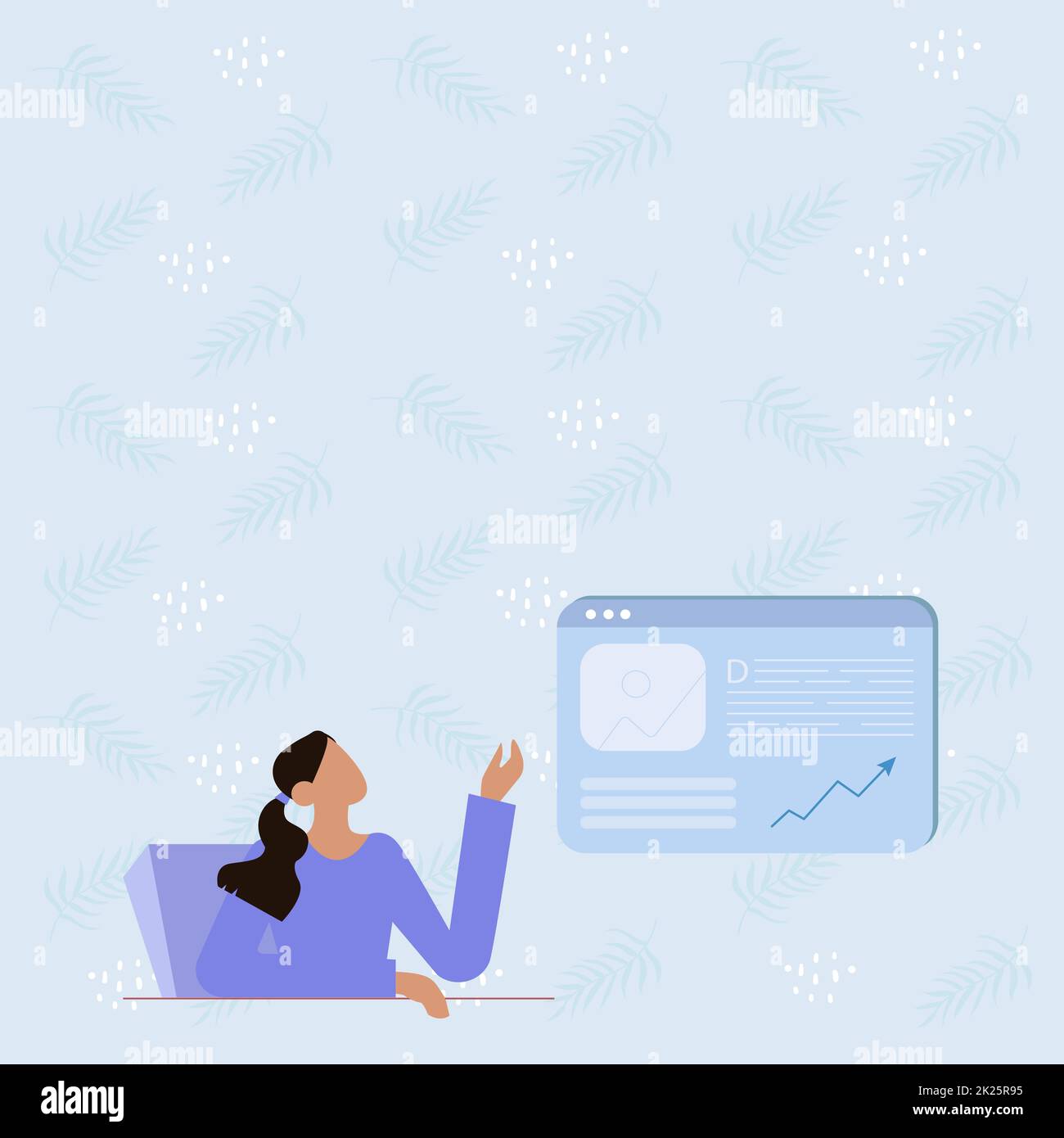 Line Drawing For Lady Sitting Presenting New Ideas With Web Browser Screen. Woman Sitting Office ...