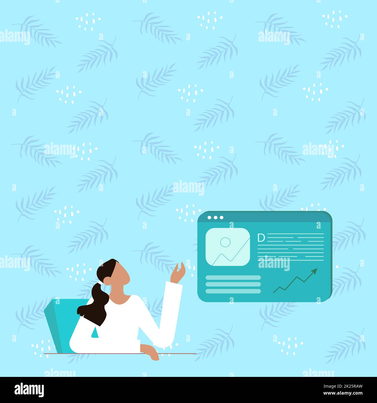 Line Drawing For Lady Sitting Presenting New Ideas With Web Browser Screen. Woman Sitting Office ...