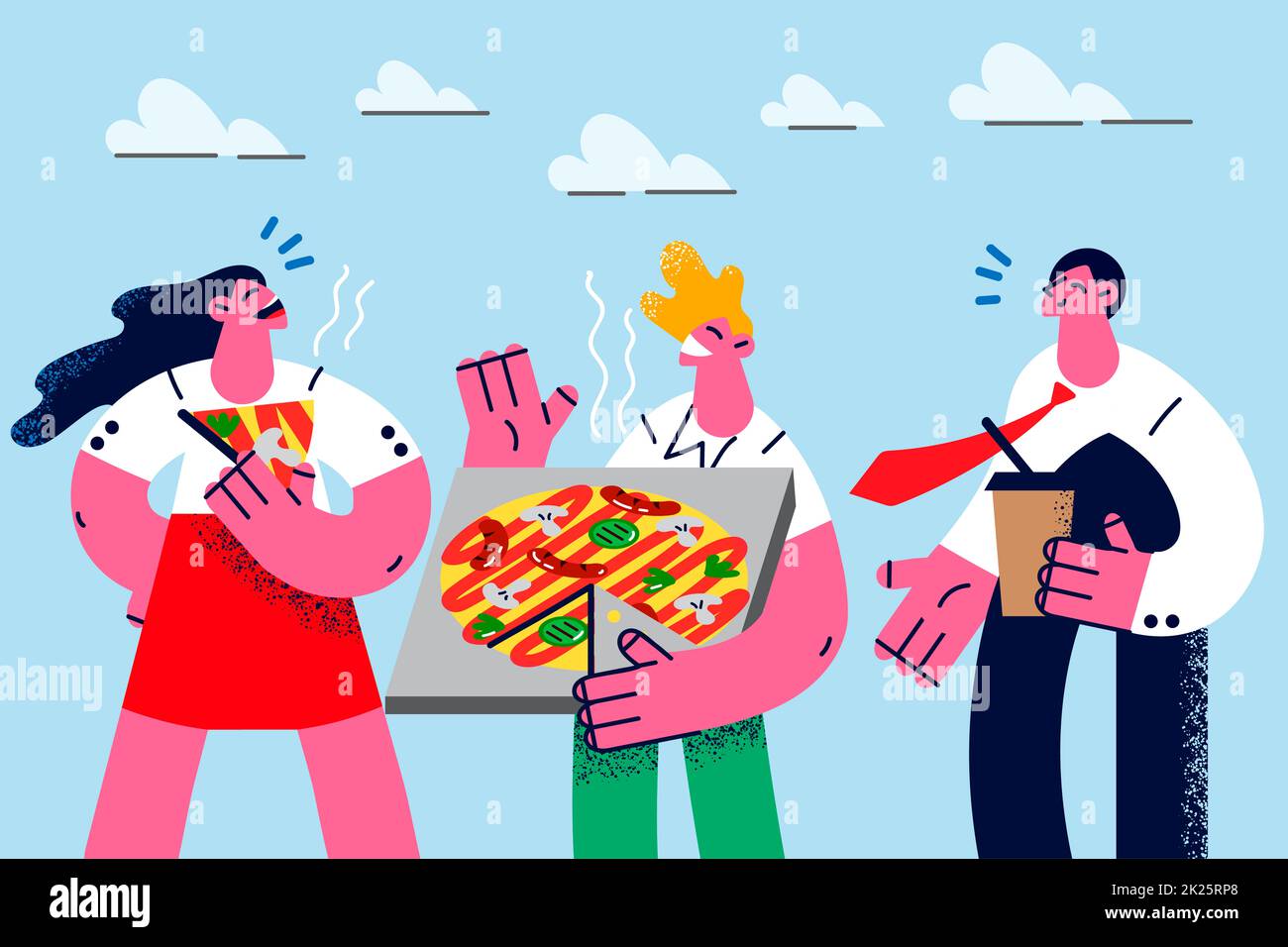 Happy colleagues eating pizza on office break Stock Photo - Alamy