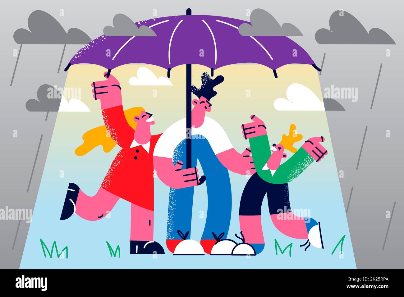 Happy family with child stand under umbrella Stock Photo - Alamy
