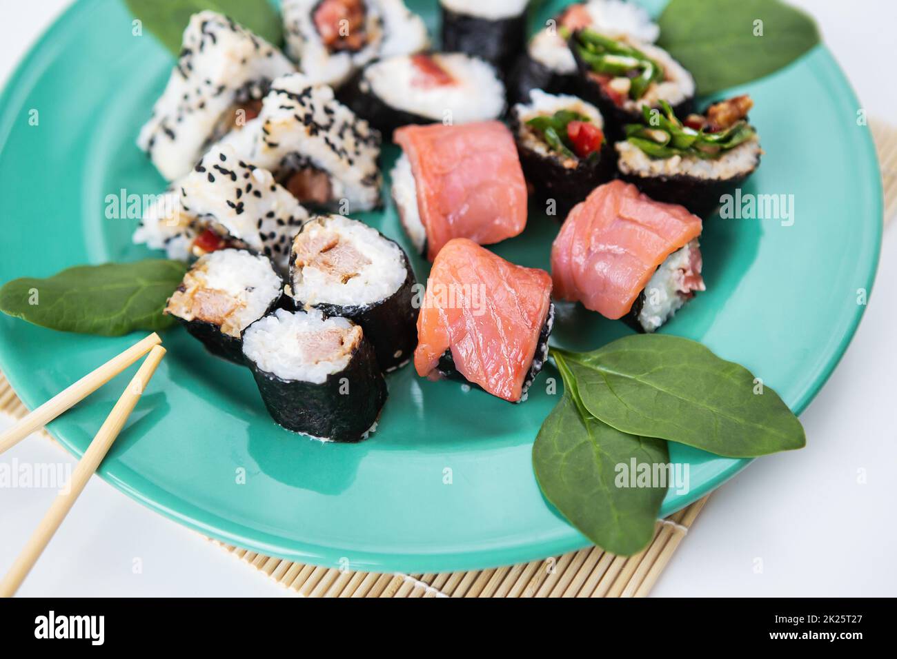 Various types of maki sushi, philadelphia, maki, salmon, rice, salad ...