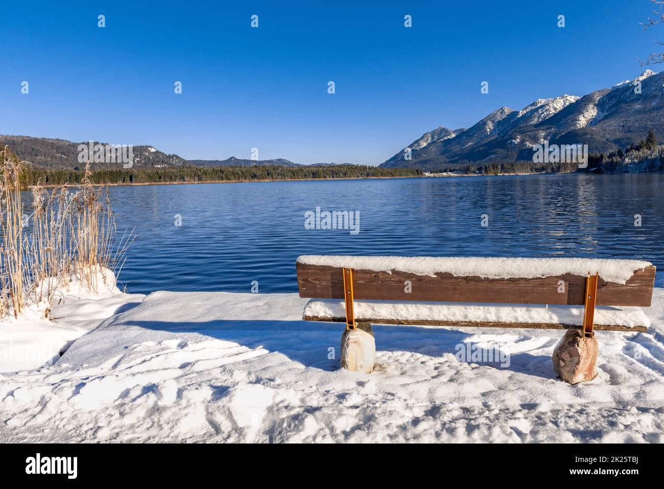 Sitting bench at the Barmlake near Mittenwald Stock Photo - Alamy