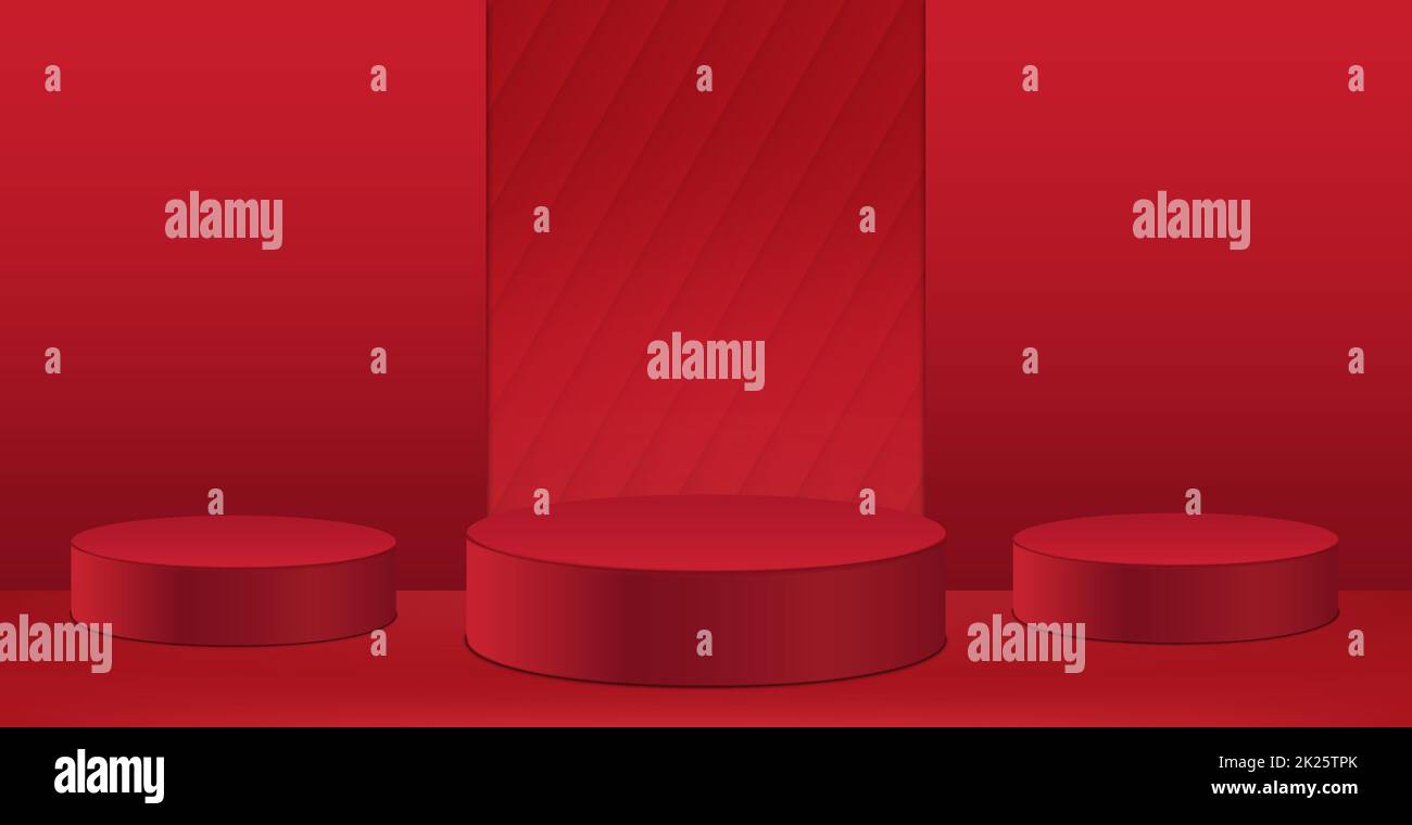 3D abstract studio with three pedestals. Red geometric platform with ...