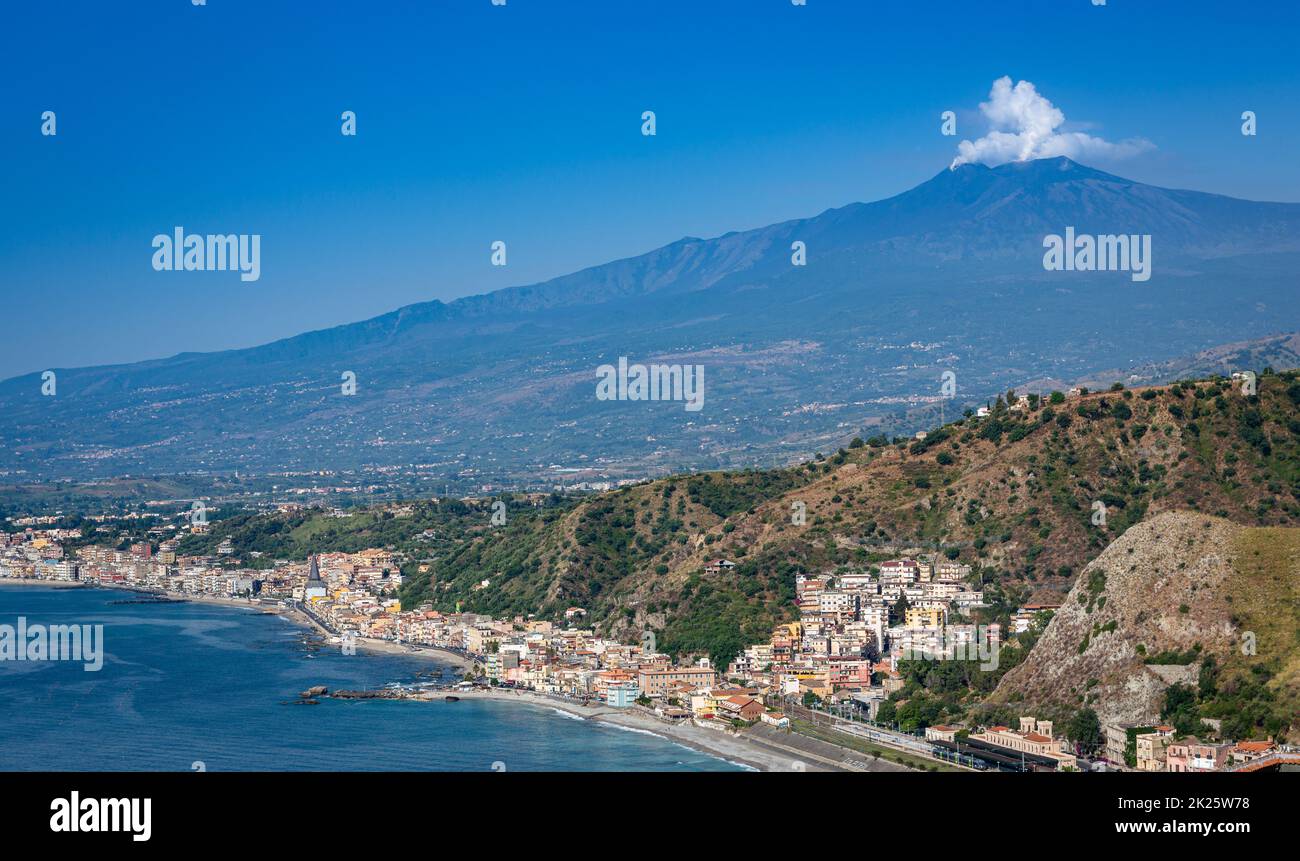 View from Taormina to the Mediterranean Sea and Mount Etna with a plume ...