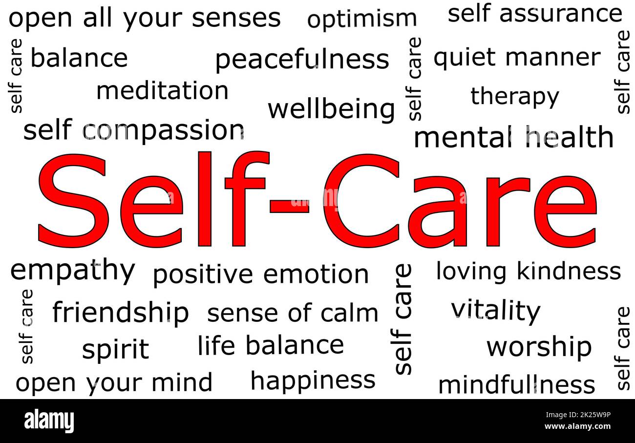 Self-Care Wordcloud on white background - illustration Stock Photo - Alamy