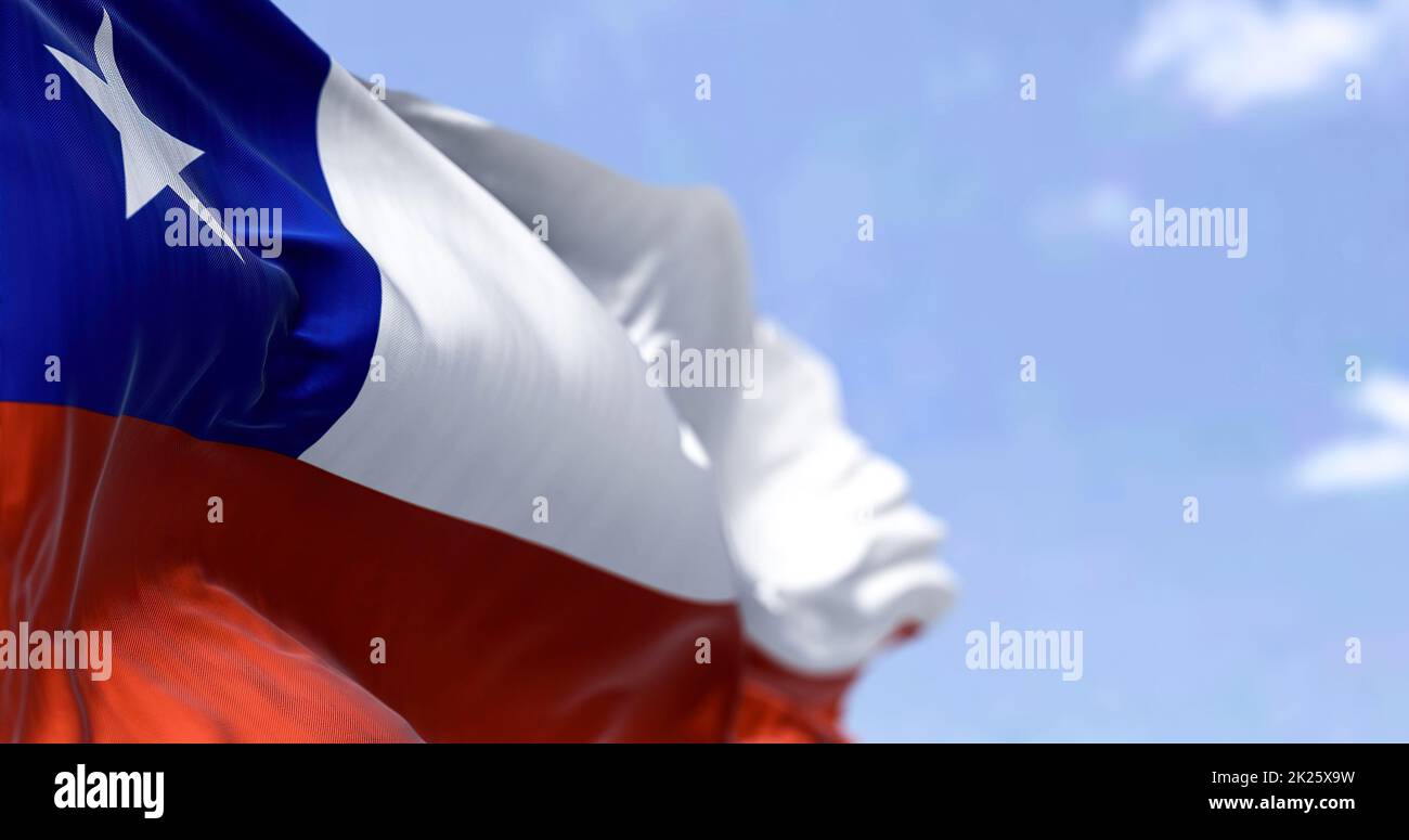 Detailed close up of the national flag of Chile waving in the wind on a ...