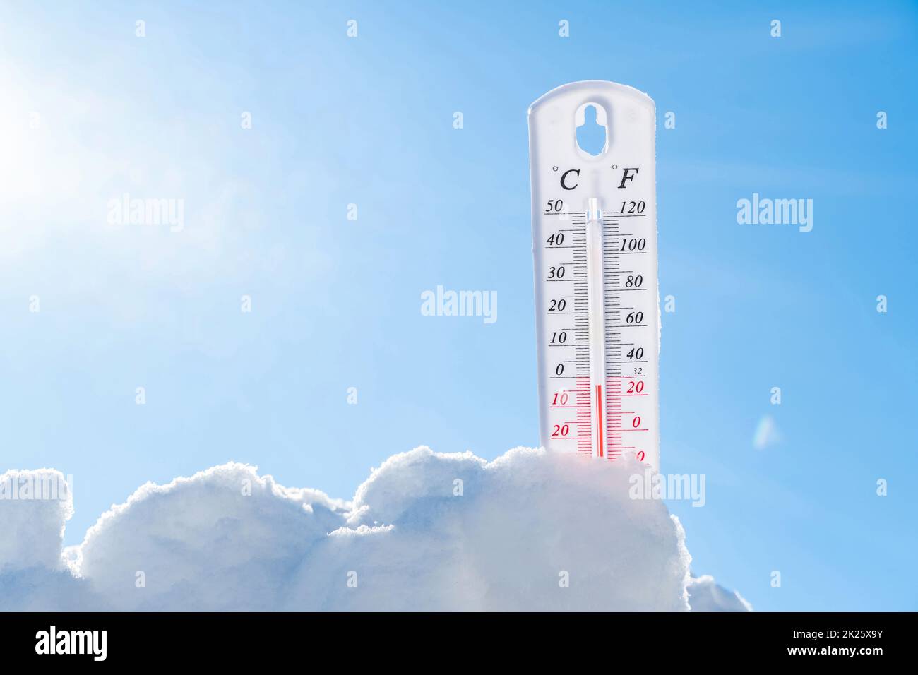 The thermometer lies on the snow in winter showing a negative ...