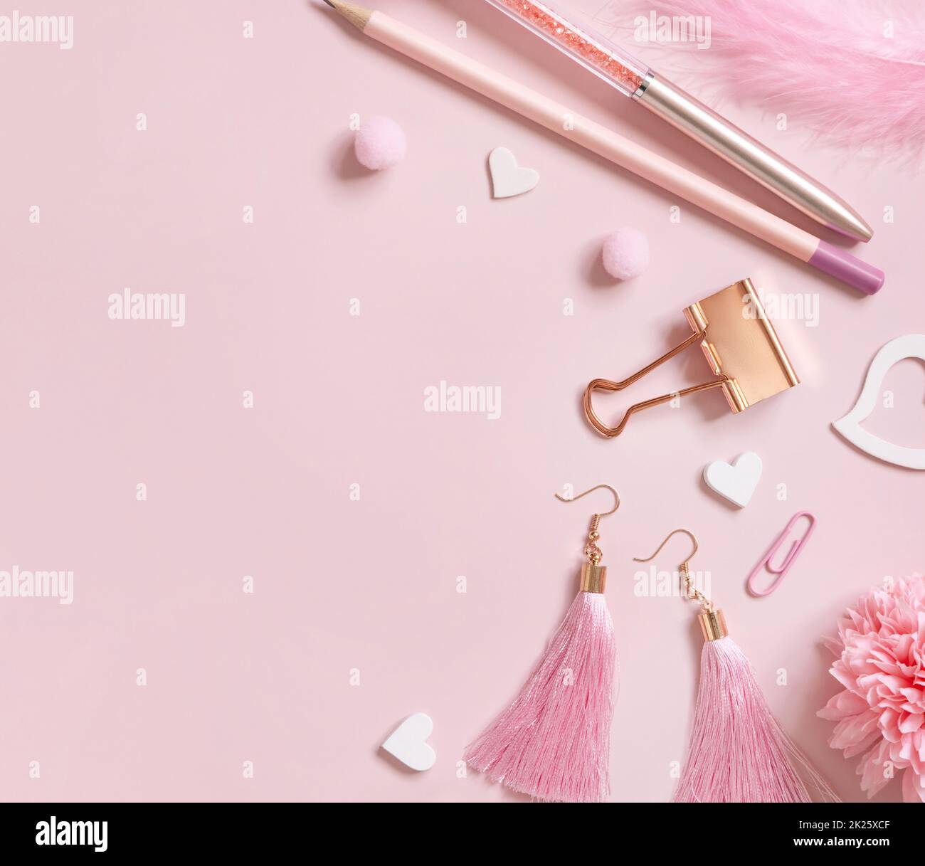 Pink school girly accessories and hearts on pastel pink Top view Stock ...