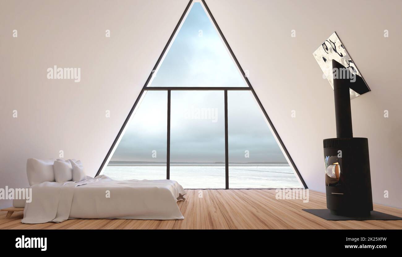 Minimalistic interior of a small contemporary hut with fireplace and ...