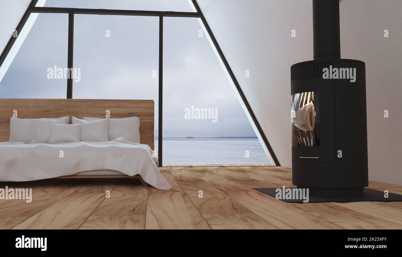 Minimalistic interior of a small contemporary hut with fireplace and ...