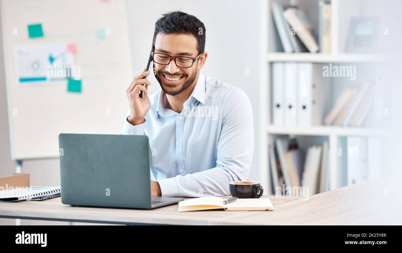 Laptop, communication and happy businessman in phone call conversation ...