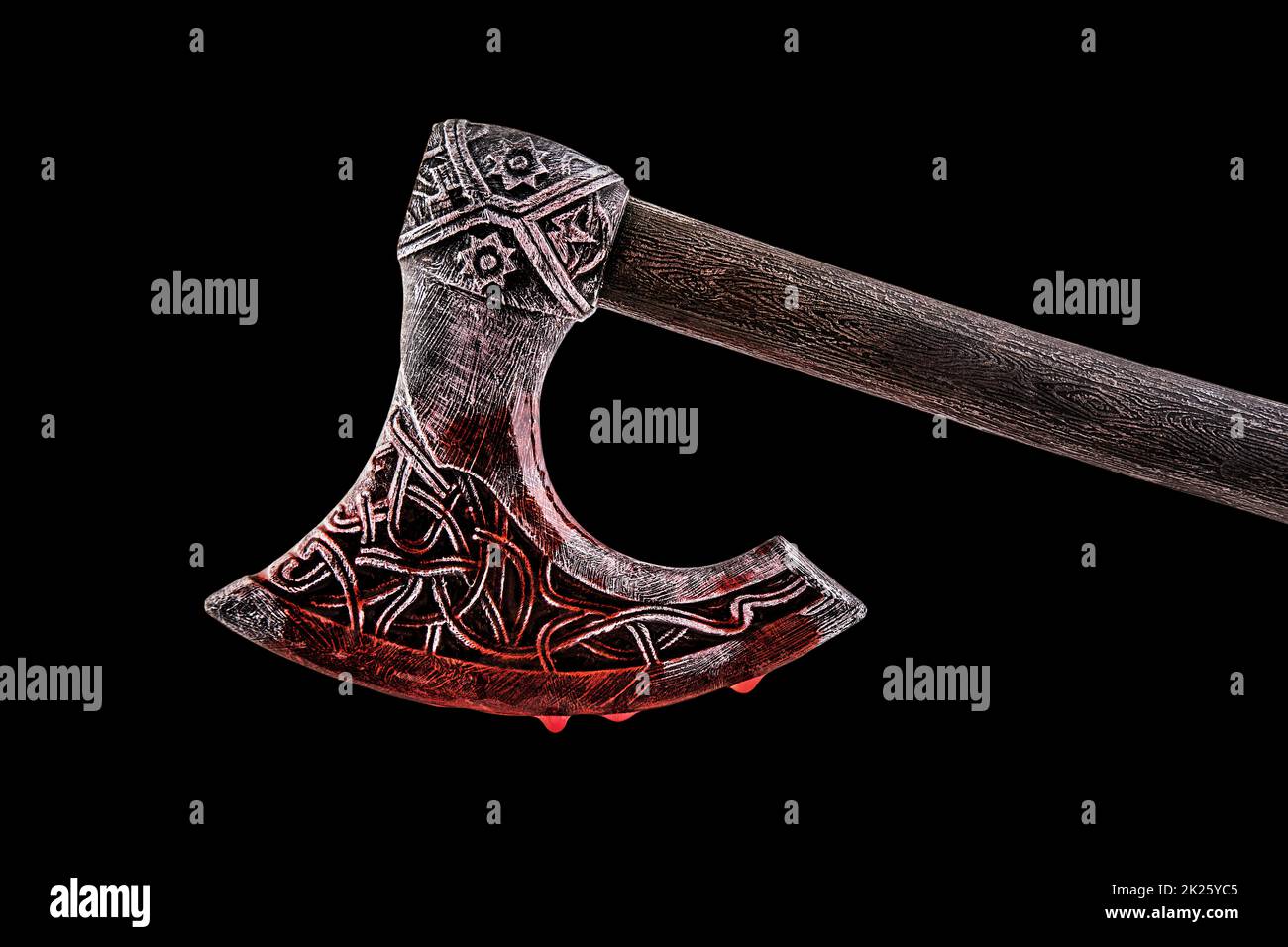 Medieval ax in red blood isolated on black background with clipping ...