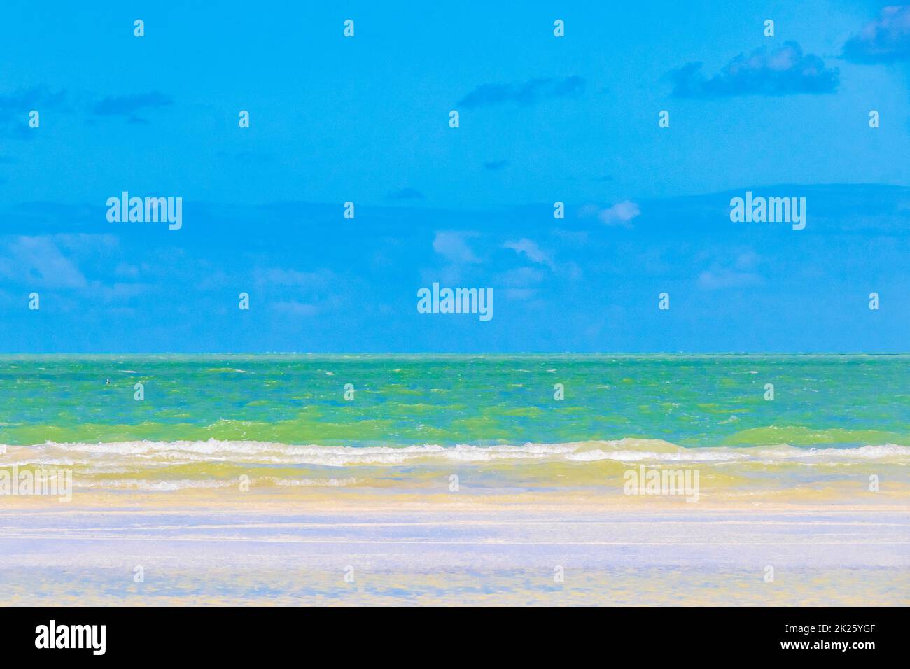 Natural Holbox island beach sandbank panorama turquoise water waves ...