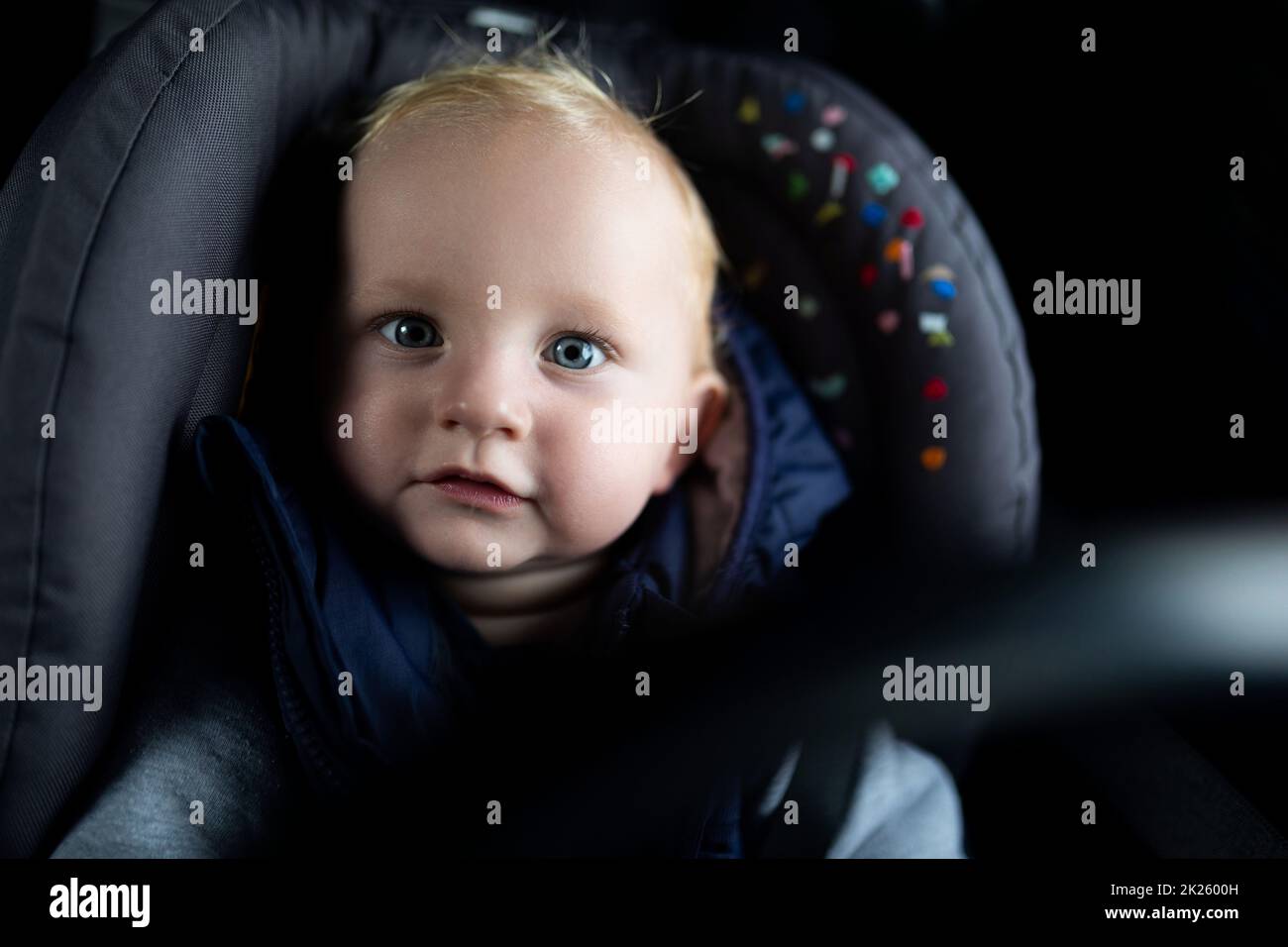 portrait of a cute baby in a car seat in a car Stock Photo - Alamy