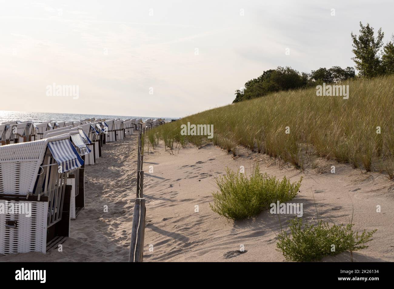 The view of the beach of Zempin on the island of Usedom with many beach ...