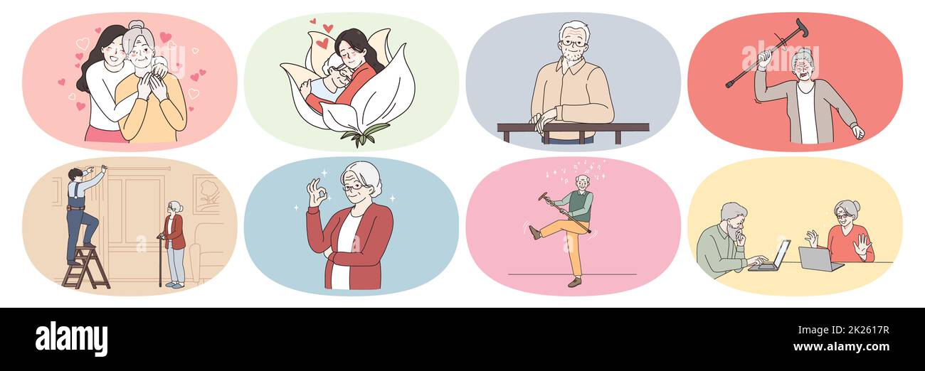 Set of diverse mature people enjoy good maturity days Stock Photo - Alamy