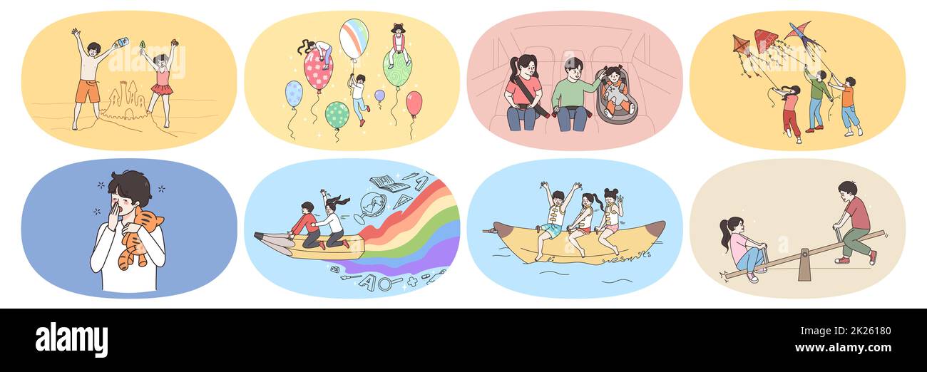 Set of small children play together outdoors Stock Photo - Alamy