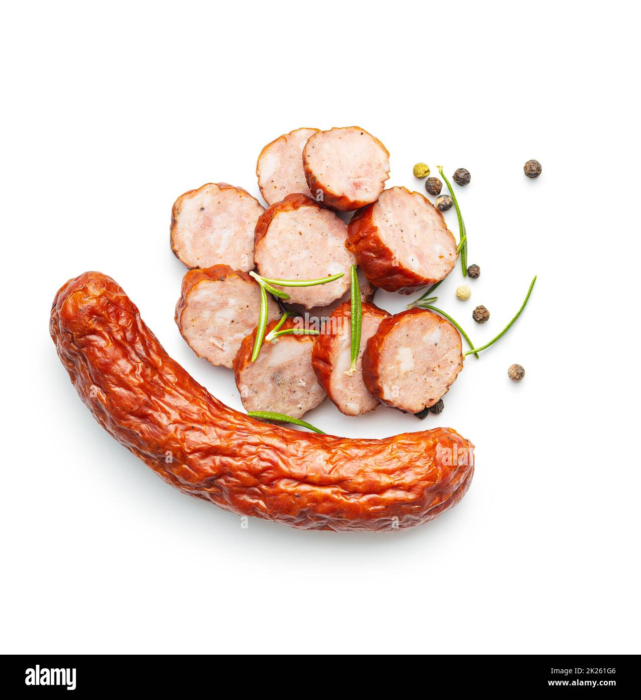 Smoked pork sausages. Sliced salami Stock Photo - Alamy