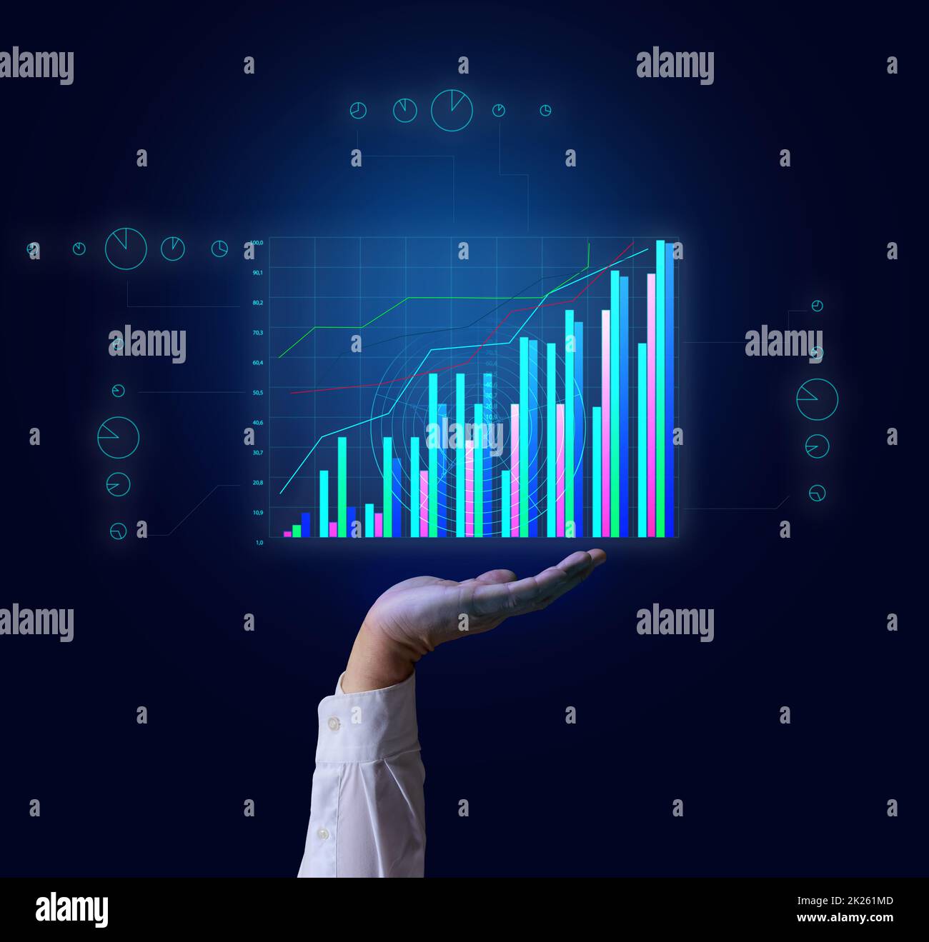 growing graph on a holographic grid and a man's hand. Business ...
