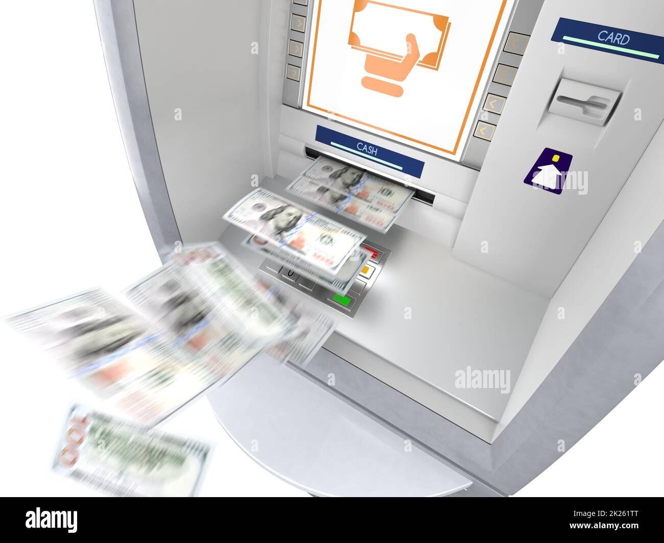 ATM machine, banknotes flying out isolated on white background Stock ...