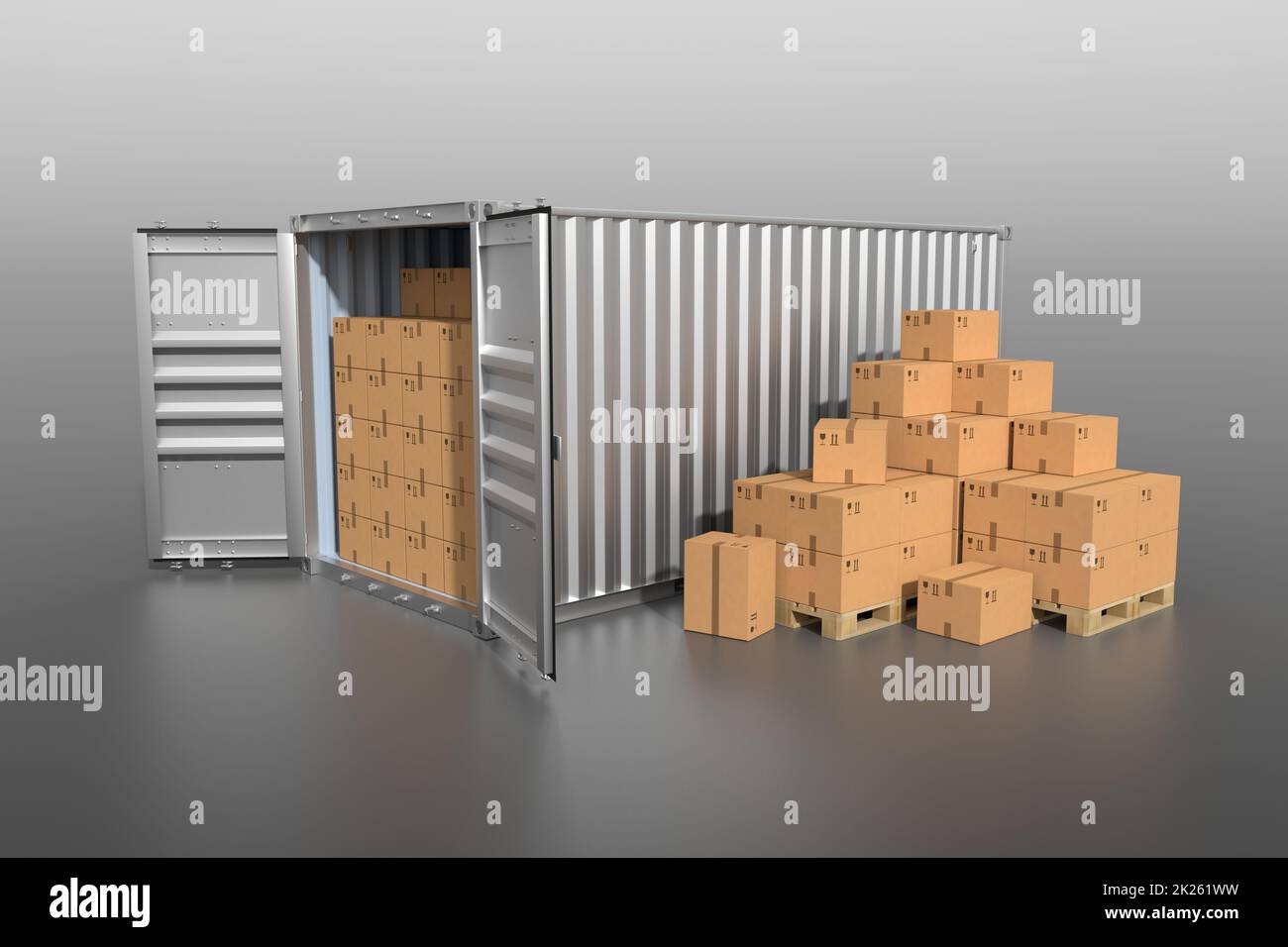 Ship cargo container side view with cardboard boxes Stock Photo - Alamy