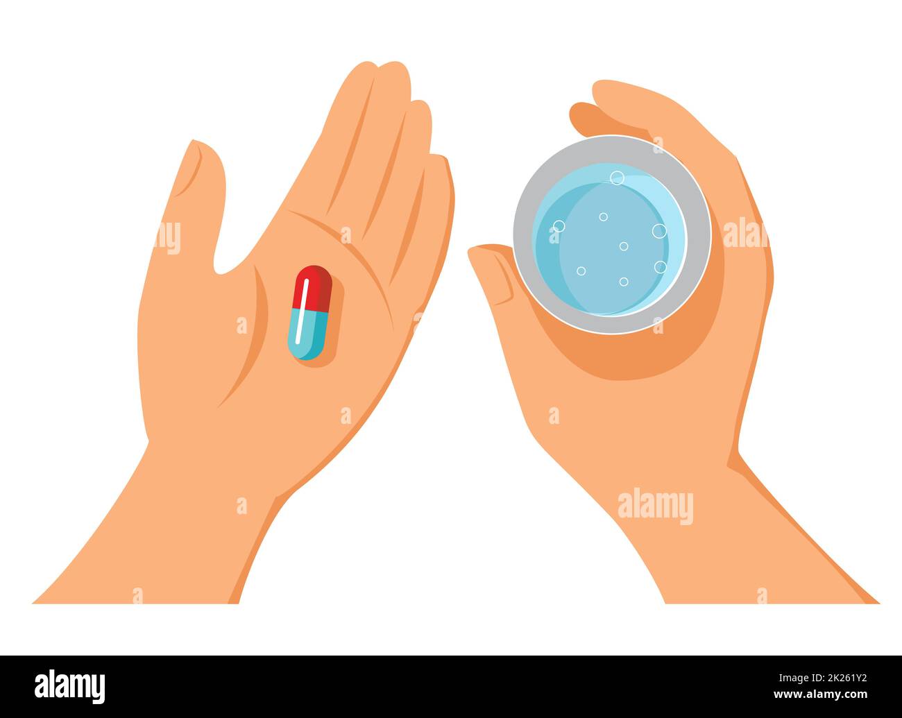 Hands holding pills and glass of water in hands. vector illustration ...