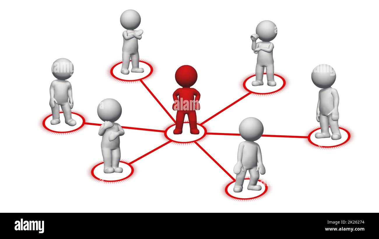 Small 3D people - red leader in the middle connected with the group ...