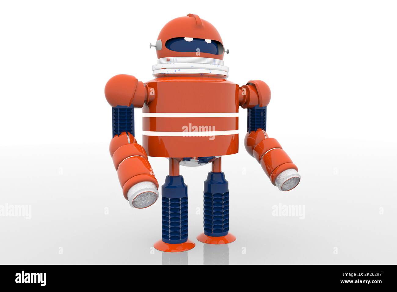 Robot with evil look walking over white background Stock Photo - Alamy