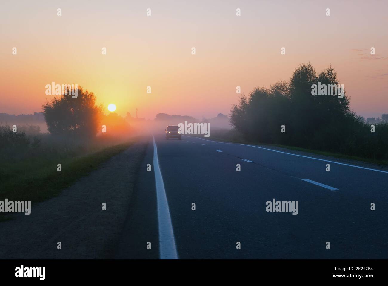 Car Drives On The Suburban Road On A Foggy Morning During Golden ...