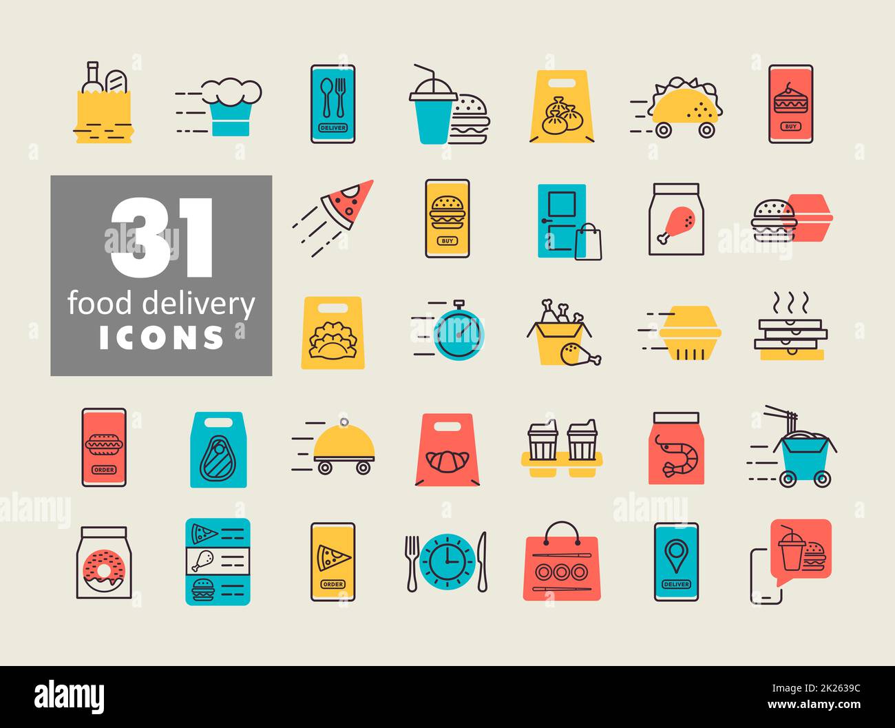 Fast food delivery vector icons set Stock Photo - Alamy