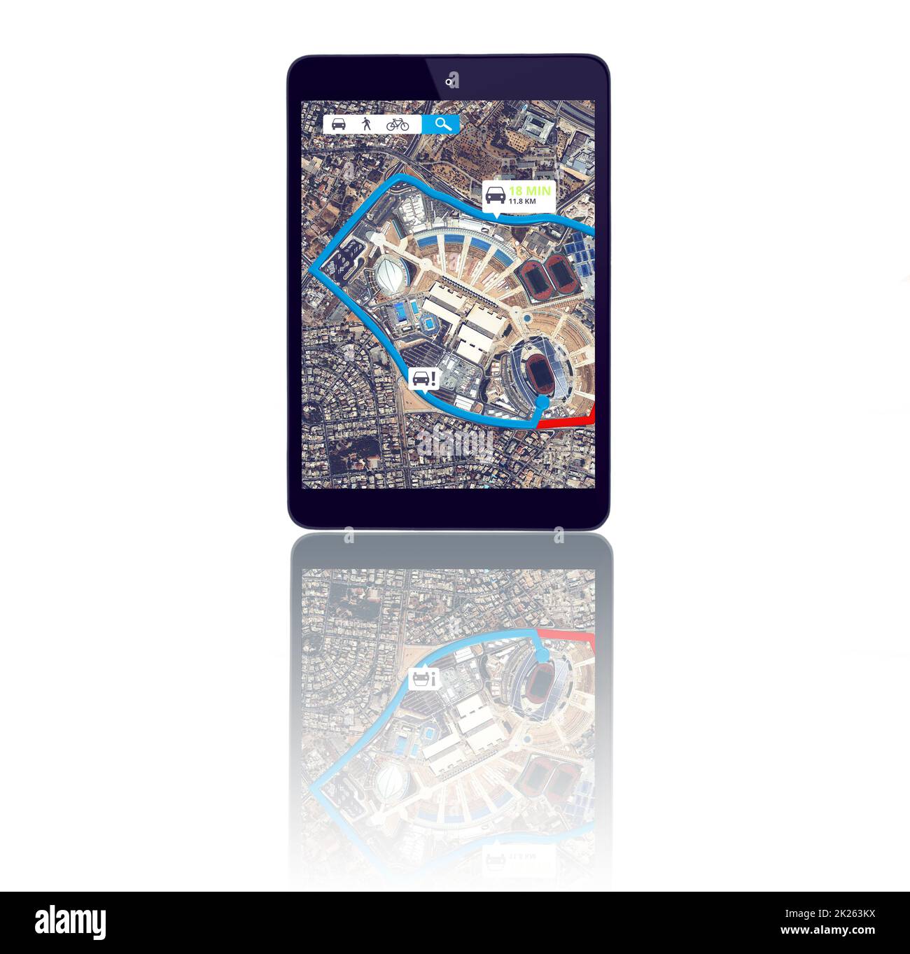 Traveling made easy. a tablet showing a city satellite map with gps ...