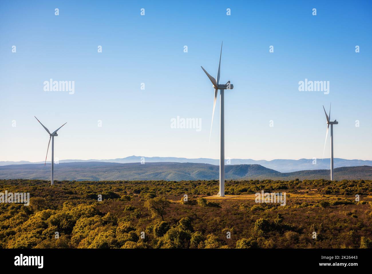 Turbines in a mountain wind farm. Ecological energy production Stock ...