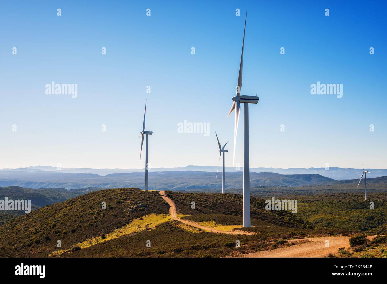 Turbines in a mountain wind farm. Ecological energy production Stock ...