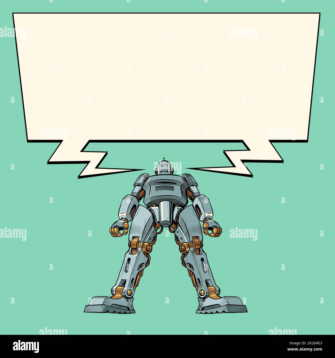 A giant robot stands in a majestic pose. Bottom up view. Artificial ...