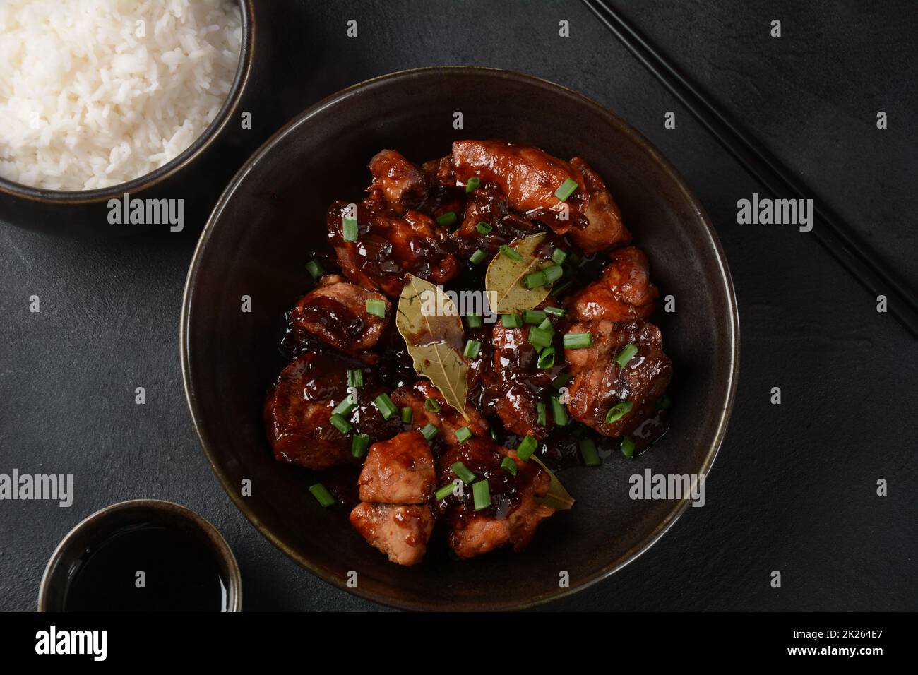 Homemade Filipino Adobo Pork with White Rice. Close-up shot of Filipino ...