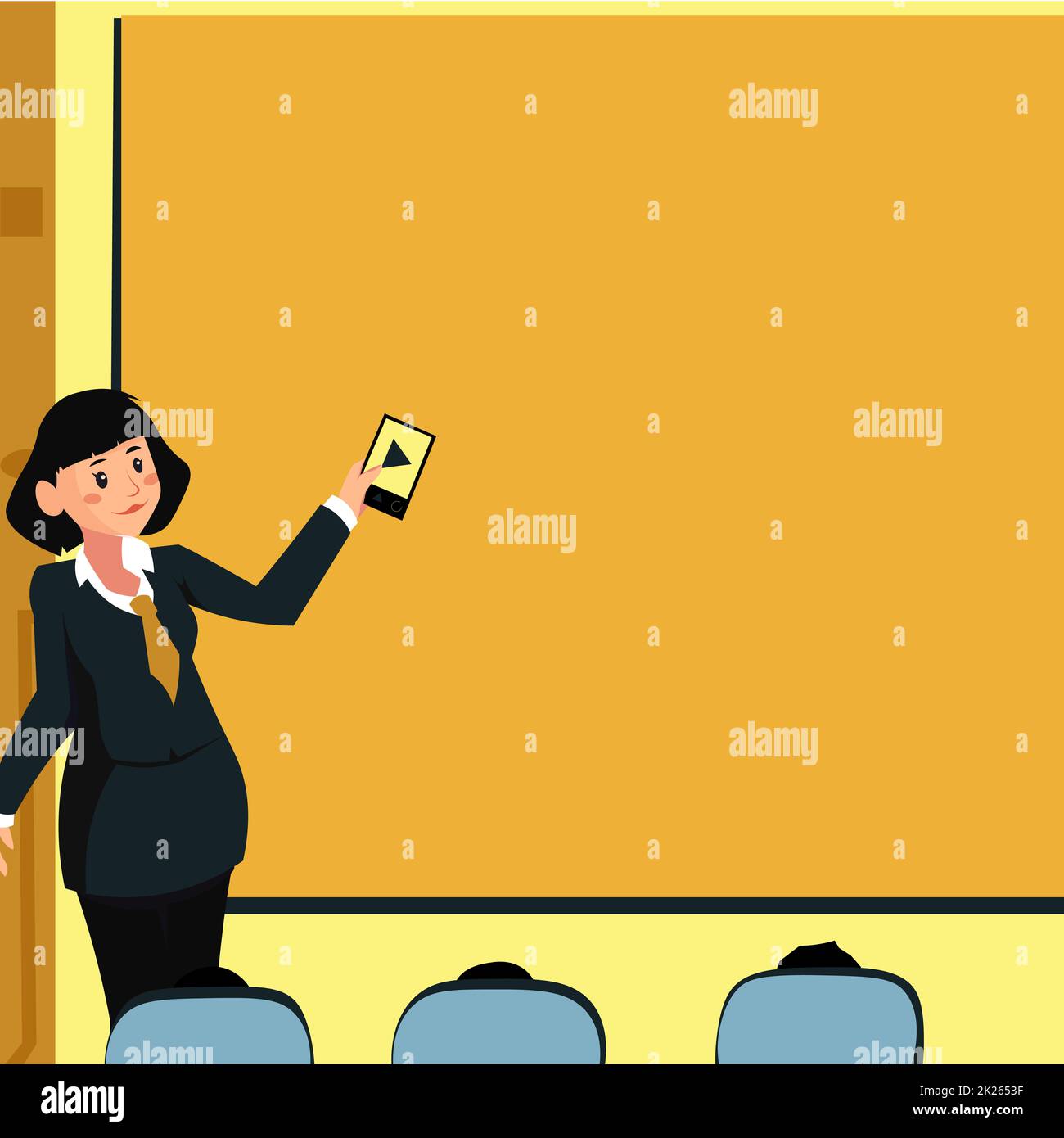 Woman Holding Remote Control Presenting Latest Ideas On Backdrop Screen ...