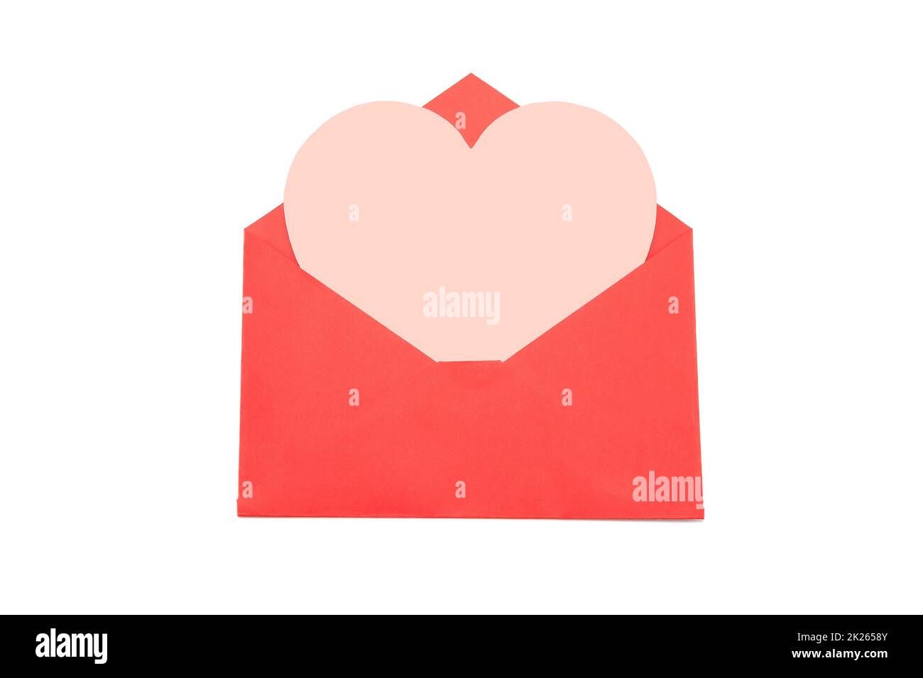 Open red envelope made of origami paper from which a pink heart flies ...
