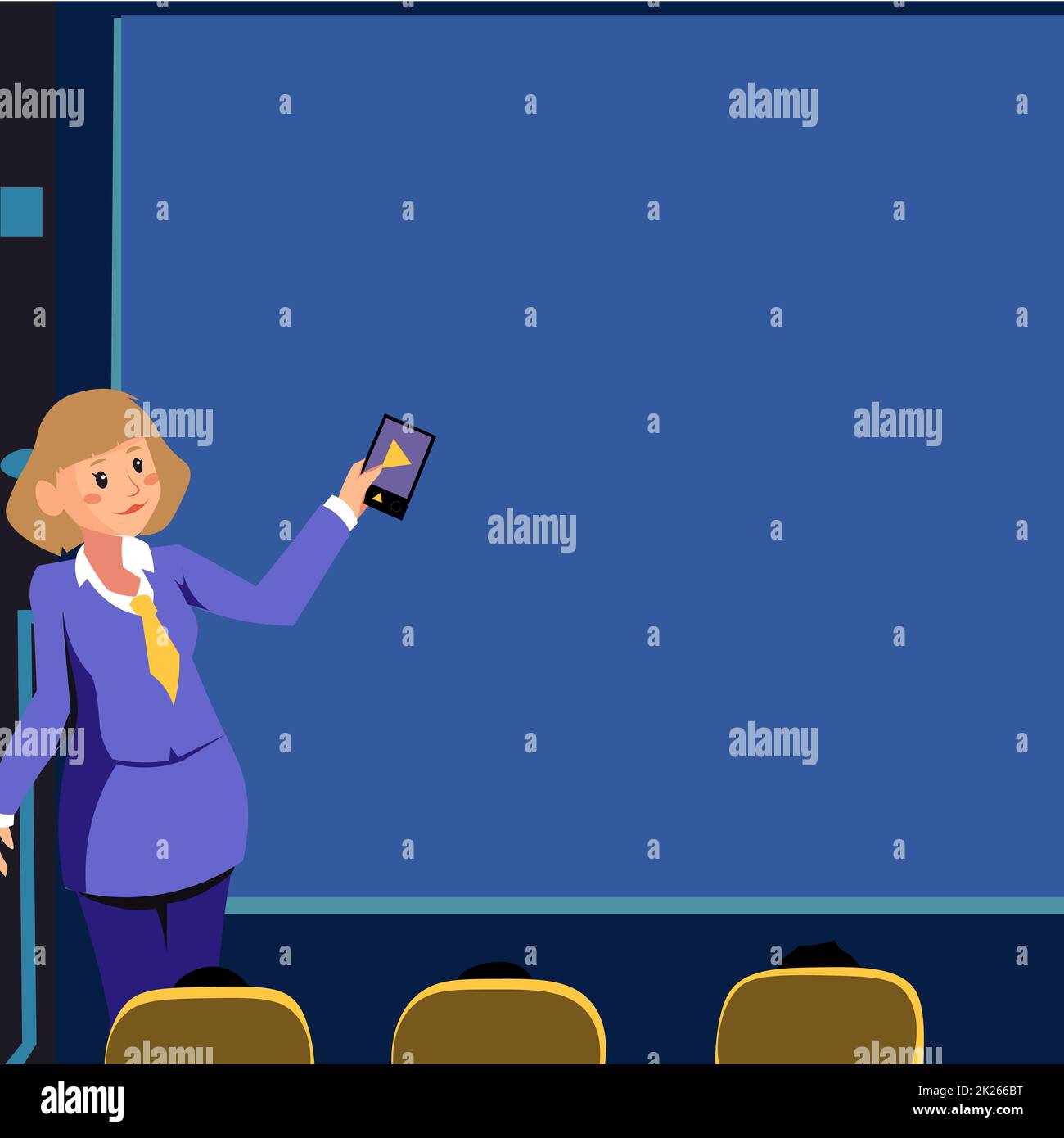 Woman Holding Remote Control Presenting Latest Ideas On Backdrop Screen ...