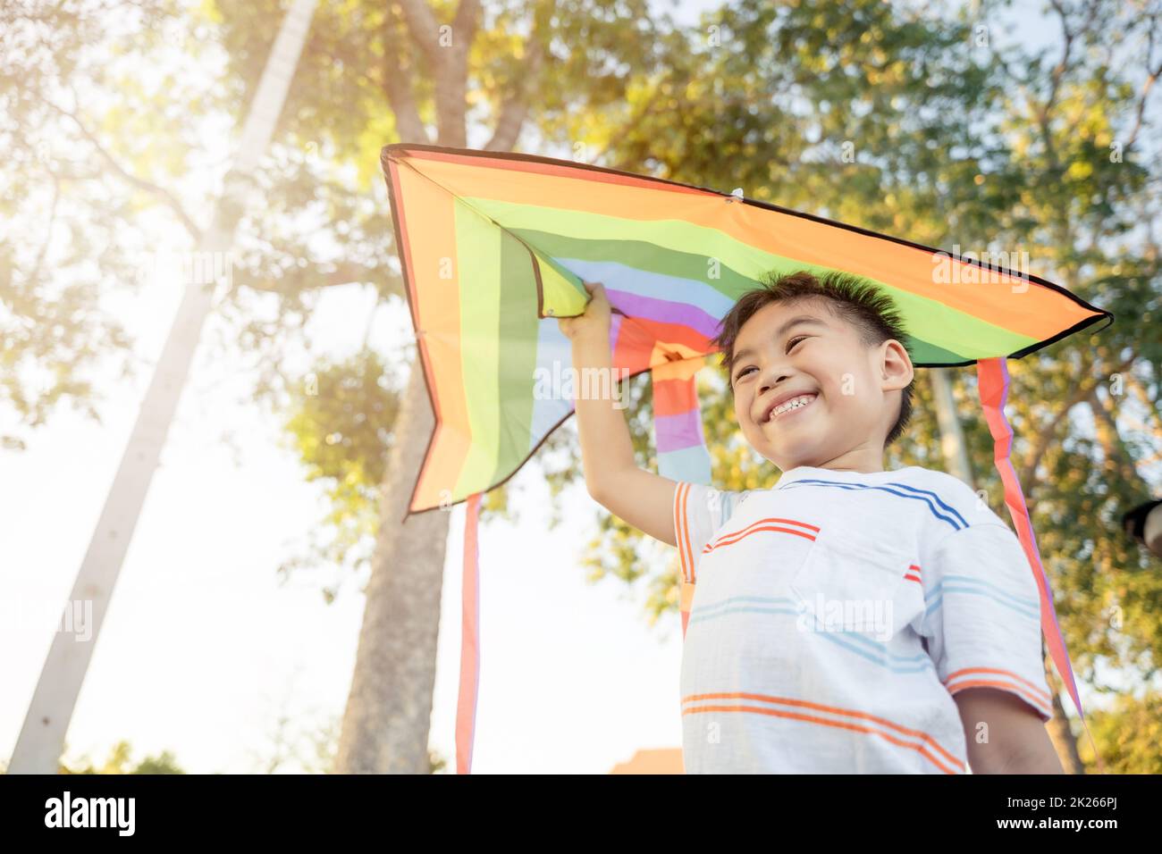 Asian happy children boy with a kite running to fly on in park Stock ...