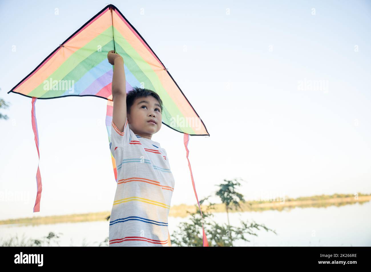 Asian happy children boy with a kite running to fly on in park Stock ...