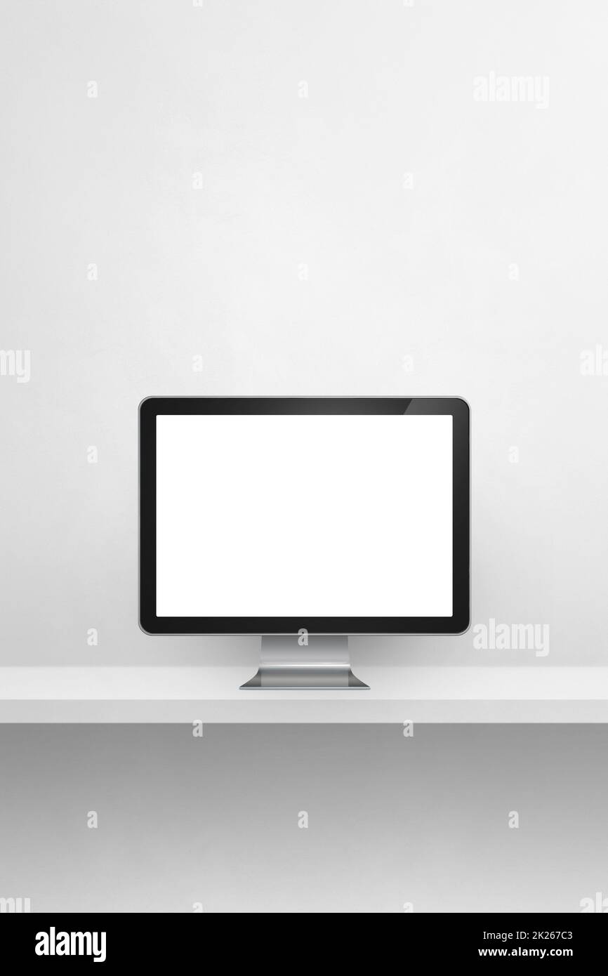 Computer pc on white concrete shelf. Vertical background Stock Photo ...