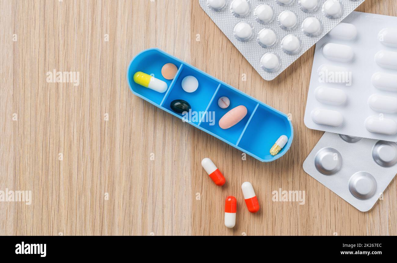Different medicine pills and capsules with blister packs Stock Photo ...
